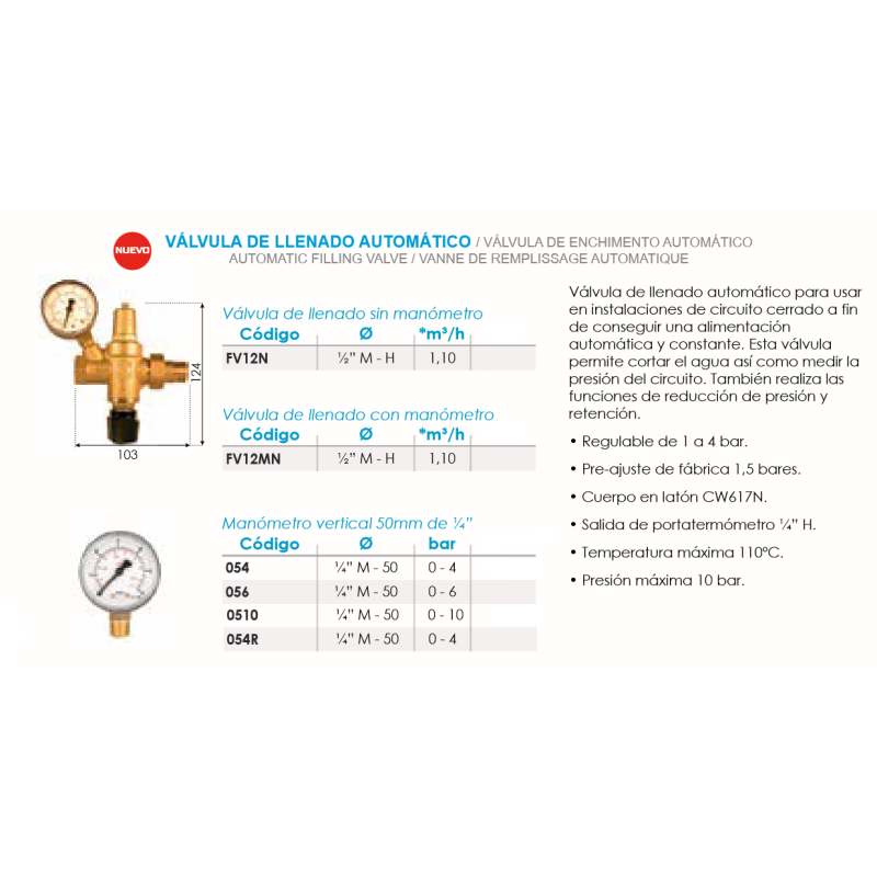 Válvula de Llenado Automático FERCO FV12N - Regulable de 1 a 4 bar